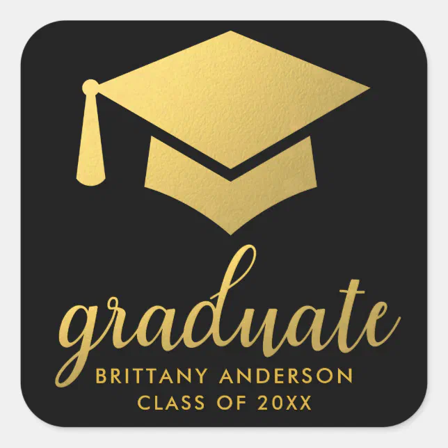 Graduate Gold and Black Square Sticker | Zazzle