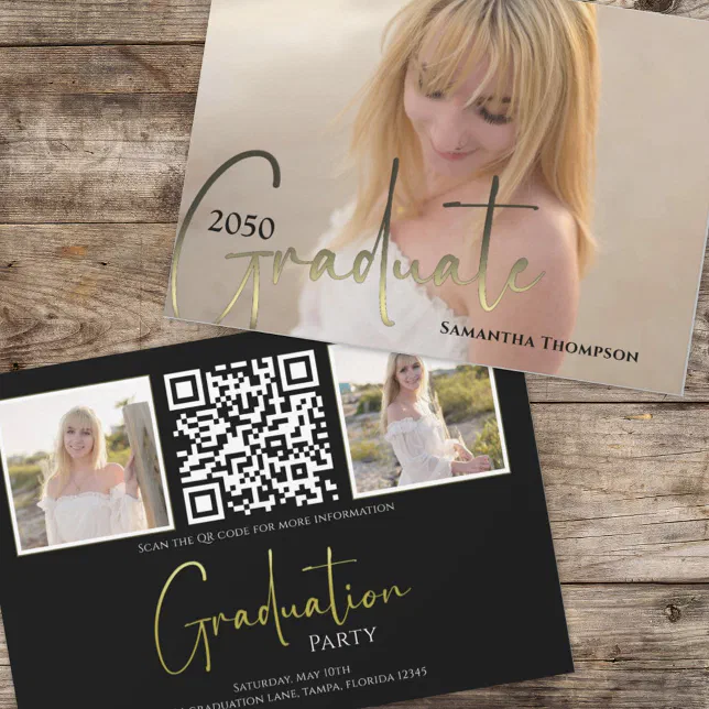 Graduate Gold Black Calligraphy Photo QR Code Invitation | Zazzle