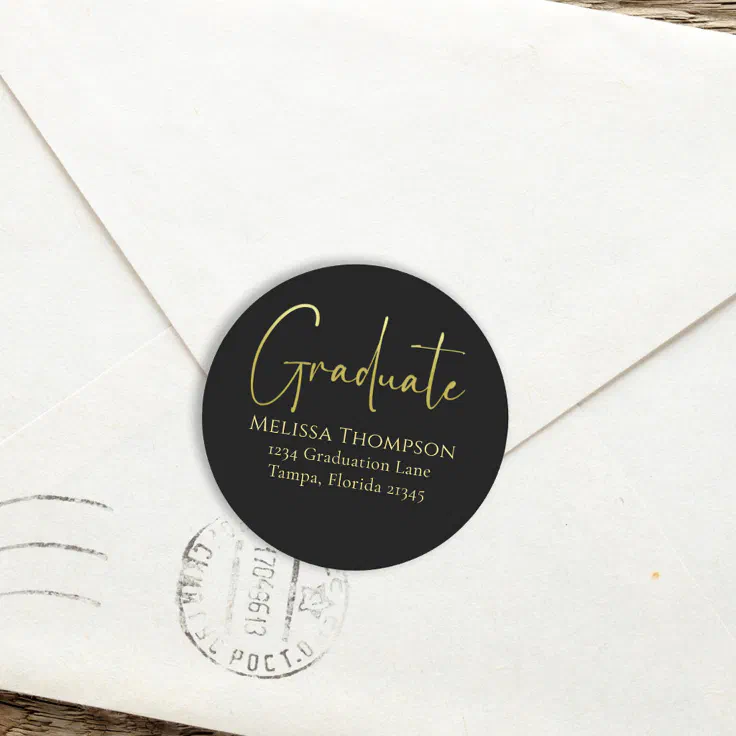 Graduate Gold Black Calligraphy Return Address Classic Round Sticker ...