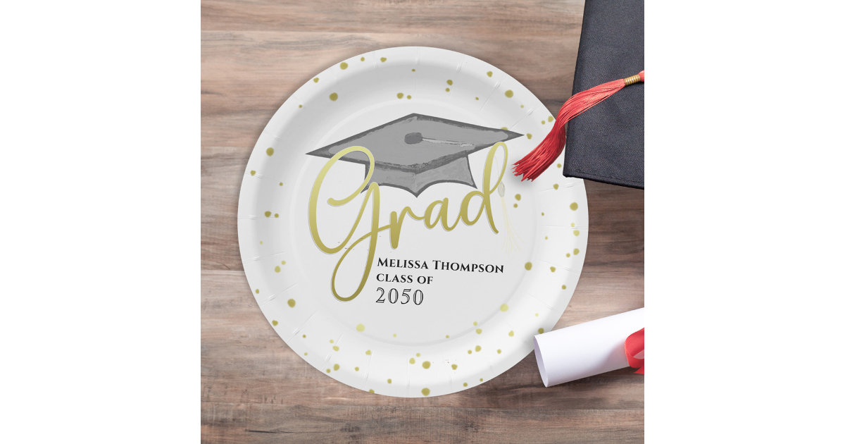 Graduate Gold Calligraphy Graduation Grad Cap Paper Plates | Zazzle