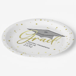 Graduate Gold Calligraphy Graduation Grad Cap Paper Plates | Zazzle