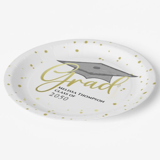 Graduate Gold Calligraphy Graduation Grad Cap Paper Plates | Zazzle