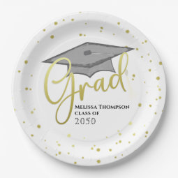 Graduate Gold Calligraphy Graduation Grad Cap Paper Plates | Zazzle