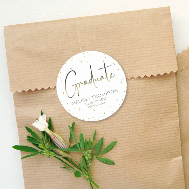 Graduate Gold Confetti Modern Calligraphy Script Classic Round Sticker ...
