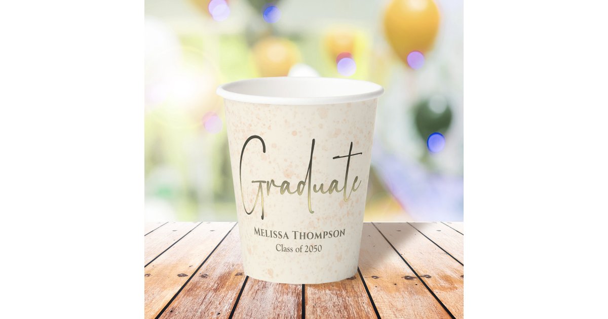 Graduate Gold Confetti Modern Calligraphy Script Paper Cups | Zazzle