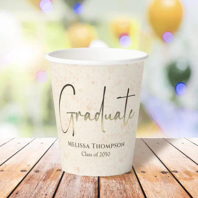 Graduate Gold Confetti Modern Calligraphy Script Paper Cups | Zazzle