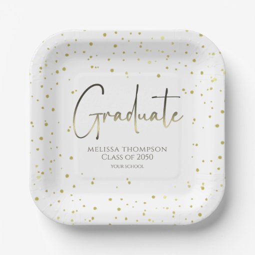 Graduate Gold Confetti Modern Calligraphy Script Paper Plates | Zazzle