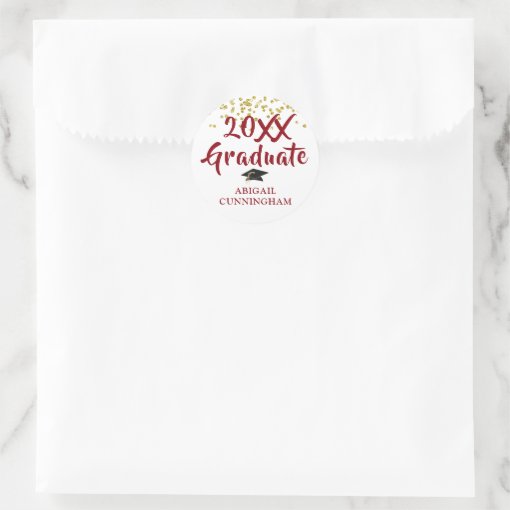 Graduate Gold Glitter Confetti Brush Script Red Classic Round Sticker ...