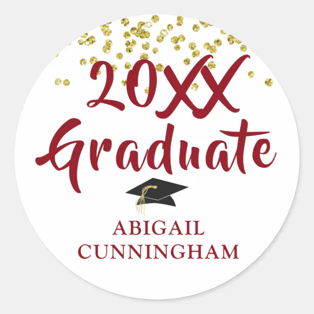 Graduate Gold Glitter Confetti Brush Script Red Classic Round Sticker ...