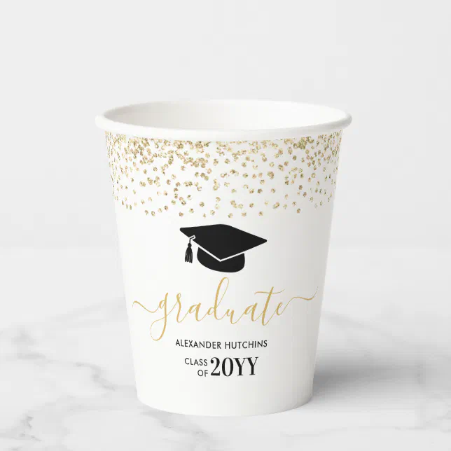 Graduate Gold Glitter Confetti Graduation Party Paper Cups | Zazzle