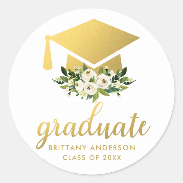 Graduate Gold Green Watercolor Floral Classic Round Sticker | Zazzle