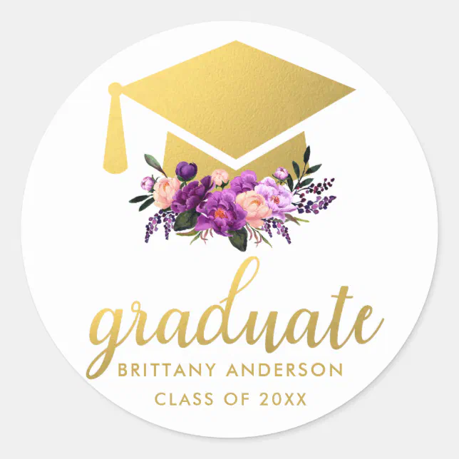 Graduate Gold Purple Watercolor Floral Classic Round Sticker | Zazzle