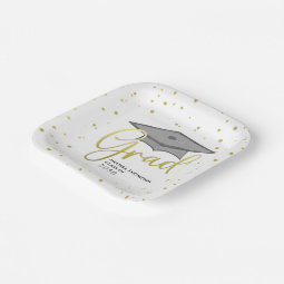 Graduate Grad Gold Calligraphy Graduation Cap Paper Plates | Zazzle