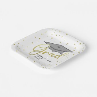 Graduate Grad Gold Calligraphy Graduation Cap Paper Plates | Zazzle