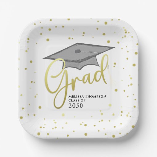 Graduate Grad Gold Calligraphy Graduation Cap Paper Plates | Zazzle