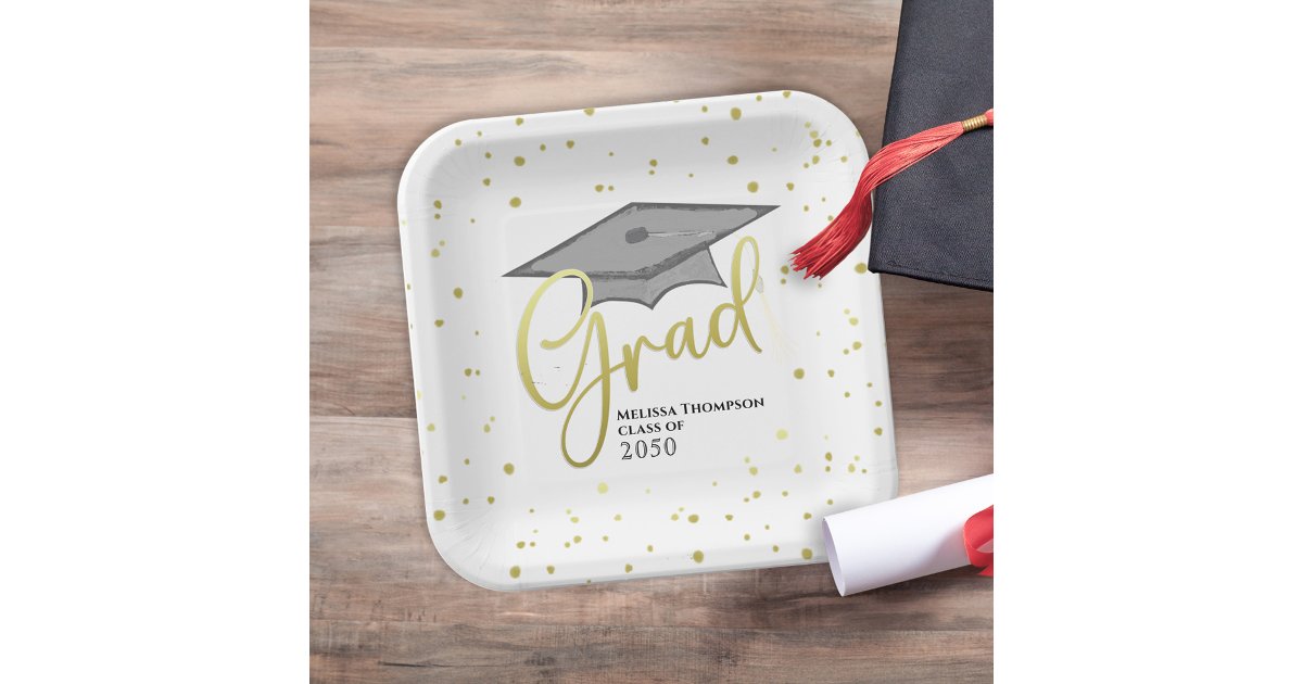 Graduate Grad Gold Calligraphy Graduation Cap Paper Plates | Zazzle