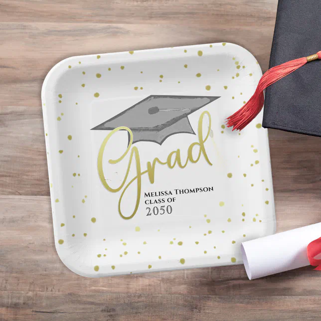 Graduate Grad Gold Calligraphy Graduation Cap Paper Plates | Zazzle