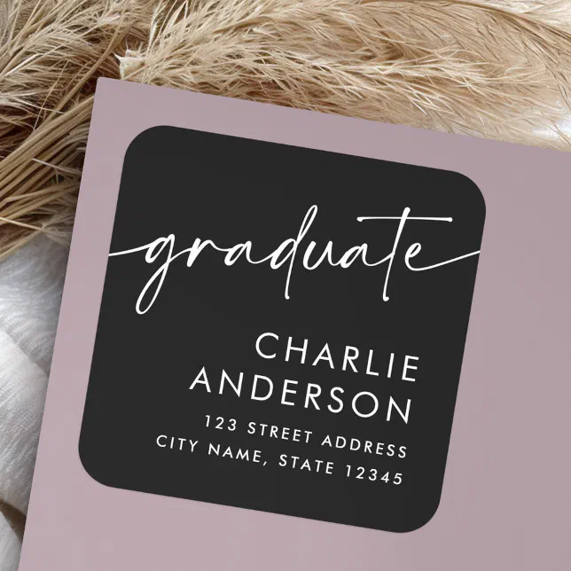Graduate graduation black return address square sticker | Zazzle