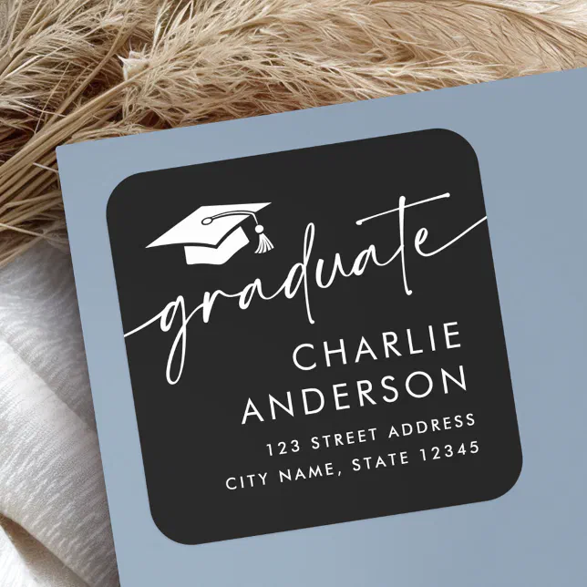 Graduate graduation cap black return address square sticker | Zazzle