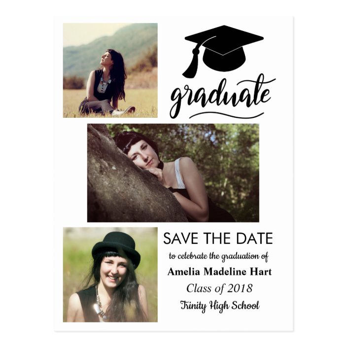 Graduate Handwritten | Save The Date Three Photo Postcard | Zazzle.com