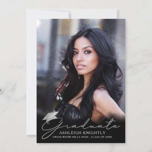 Graduate Handwritten Script Black Silver 4 Photo Announcement | Zazzle