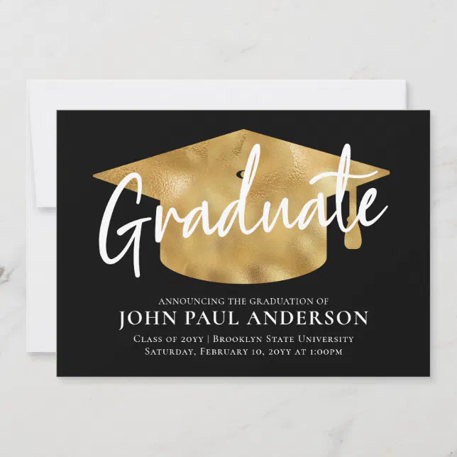 Graduate Metallic Gold Grad Cap Black Graduation Announcement | Zazzle