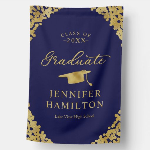 Graduate Modern Blue Gold Confetti Graduation House Flag | Zazzle