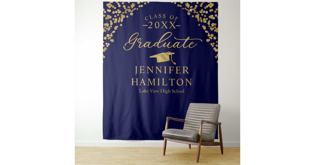 Graduate Modern Blue Gold Graduation Backdrop | Zazzle
