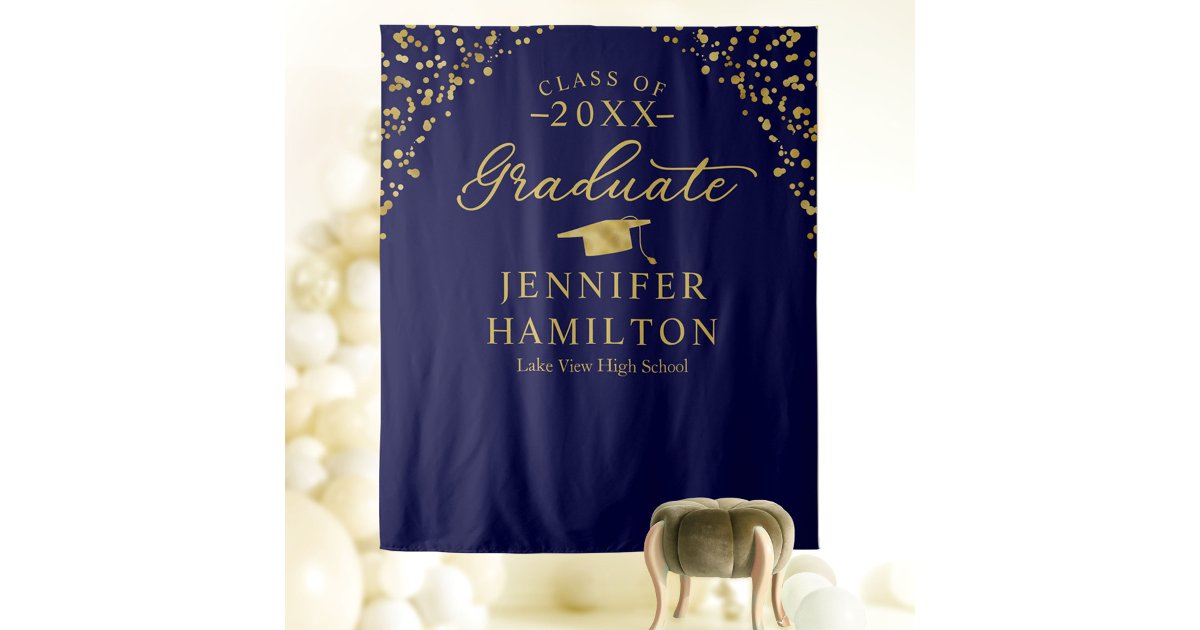 Graduate Modern Blue Gold Graduation Backdrop | Zazzle