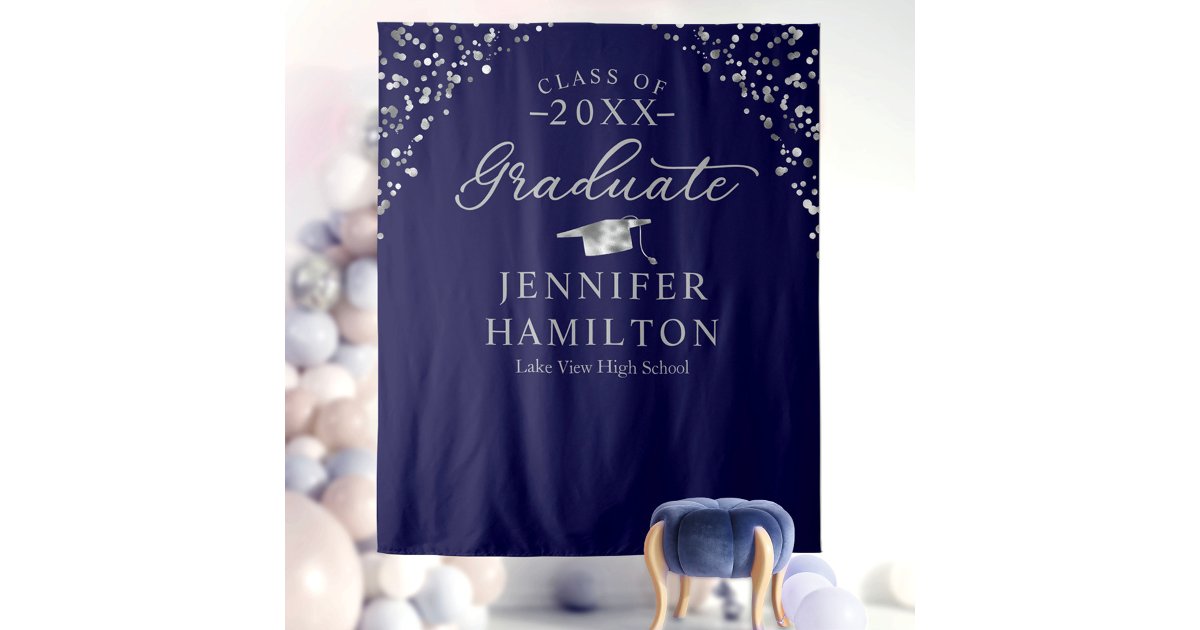 Graduate Modern Blue Silver Graduation Backdrop | Zazzle