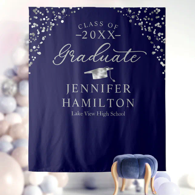Graduate Modern Blue Silver Graduation Backdrop | Zazzle