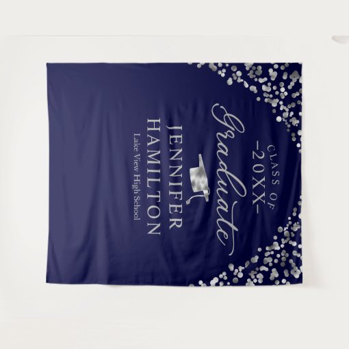 Graduate Modern Blue Silver Graduation Backdrop | Zazzle