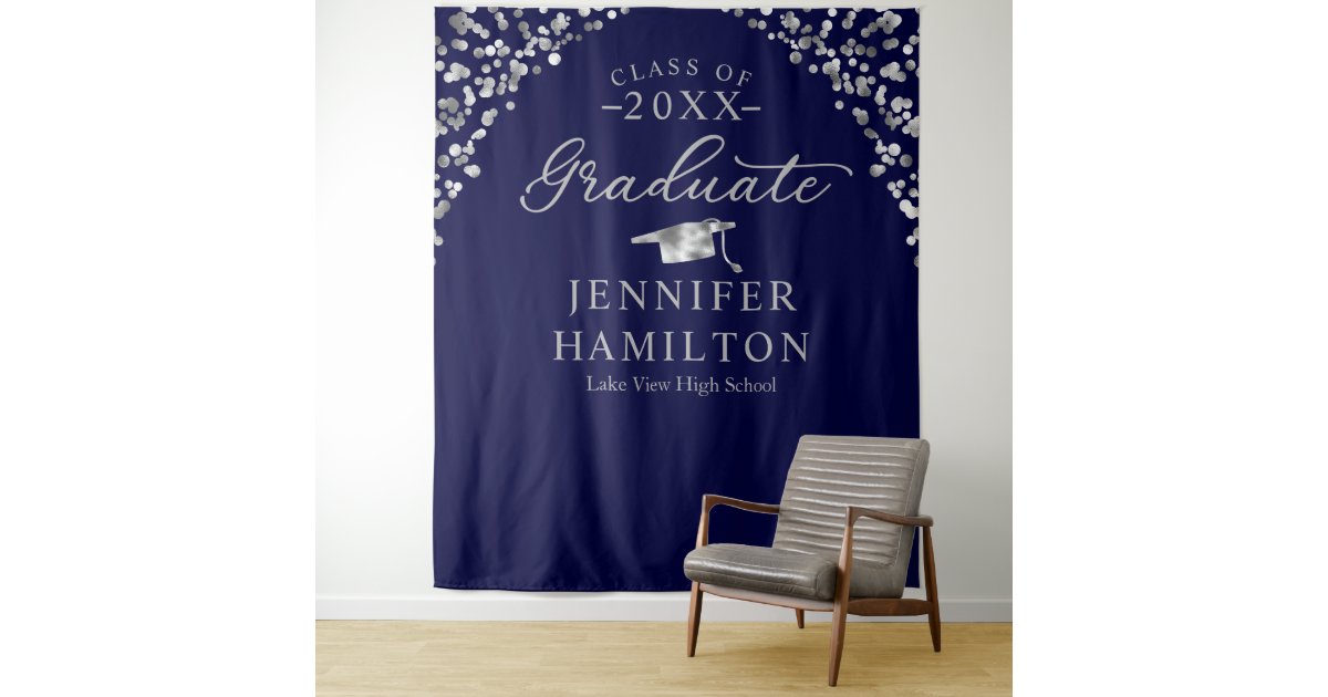 Graduate Modern Blue Silver Graduation Backdrop | Zazzle