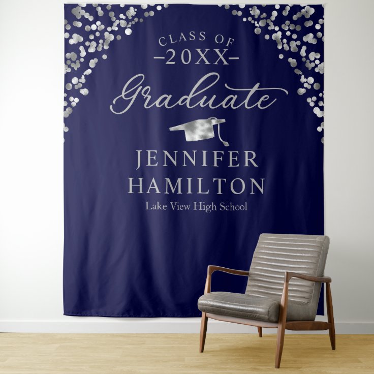 Graduate Modern Blue Silver Graduation Backdrop | Zazzle