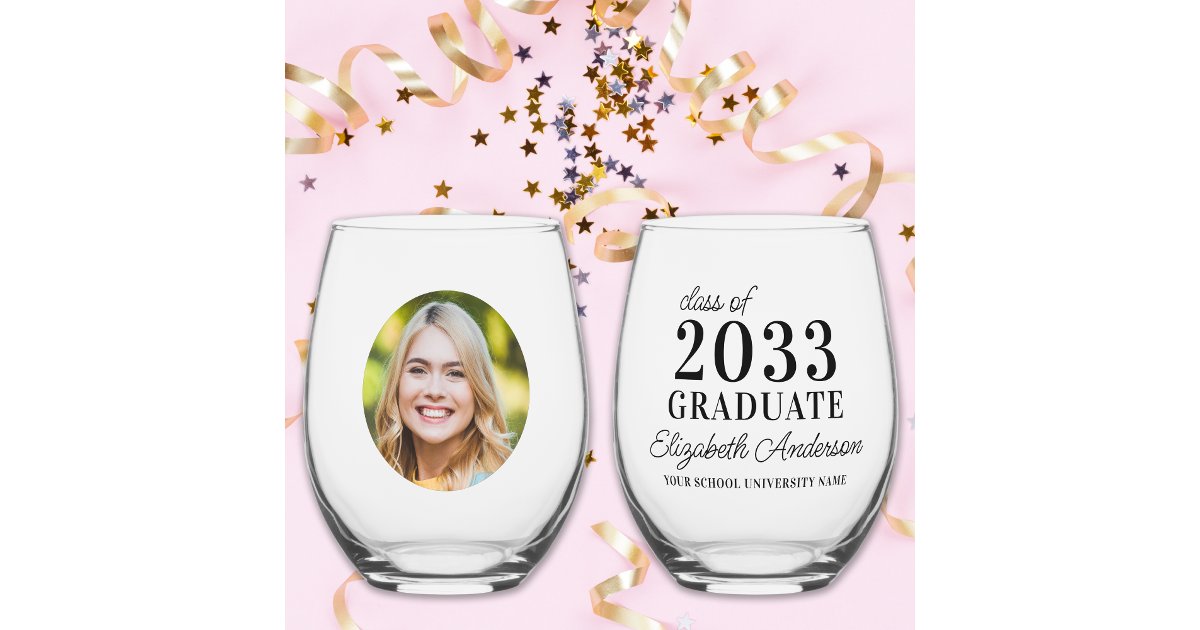 Graduate Modern Custom Photo School Graduation Stemless Wine Glass | Zazzle