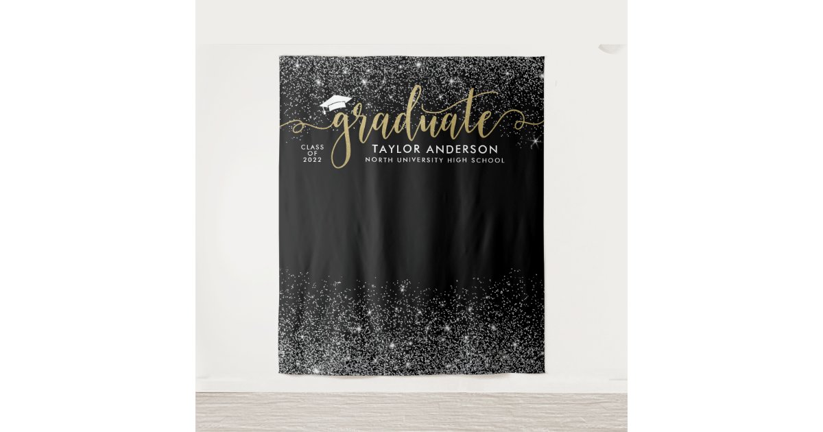 Graduate Modern Gold Script Black Graduation Party Tapestry | Zazzle.com