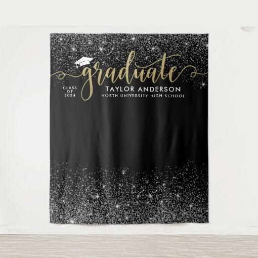 Graduate Modern Gold Script Black Graduation Party Tapestry | Zazzle