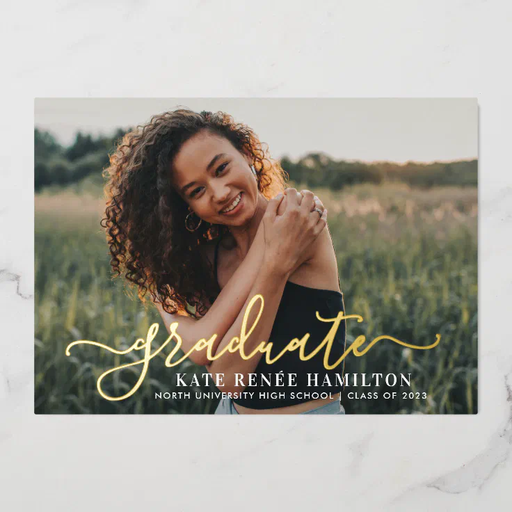Graduate Modern Gold Script Graduation Party Photo Foil Invitation | Zazzle