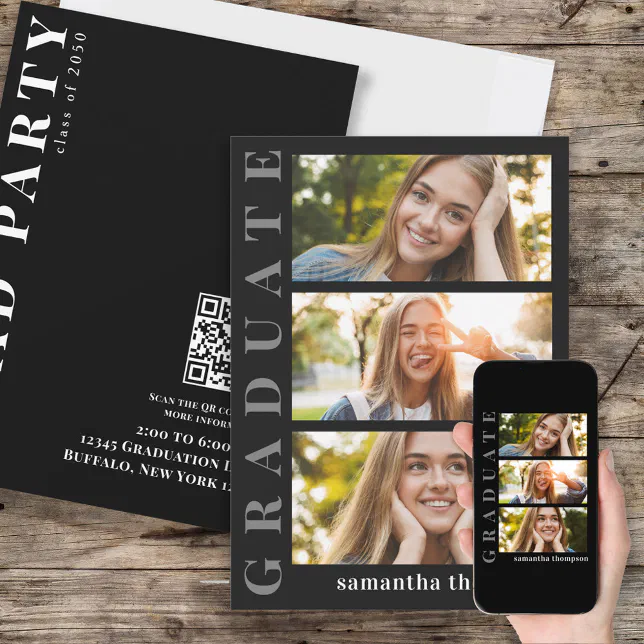 Graduate Modern Minimalist Three Photo QR Code Invitation | Zazzle