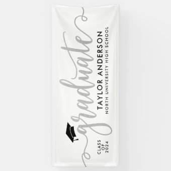 Graduate Modern Silver Script Graduation Party Banner | Zazzle