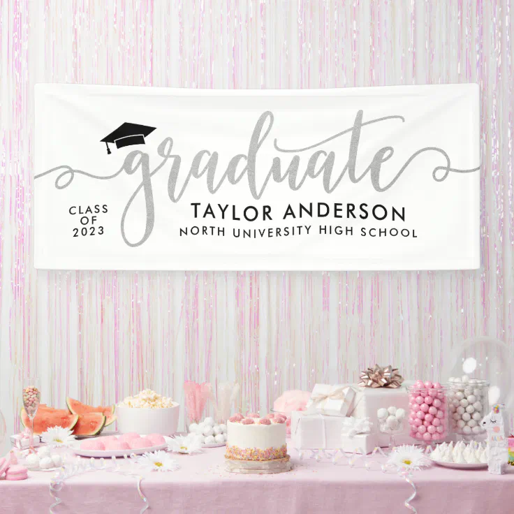 Graduate Modern Silver Script Graduation Party Banner | Zazzle