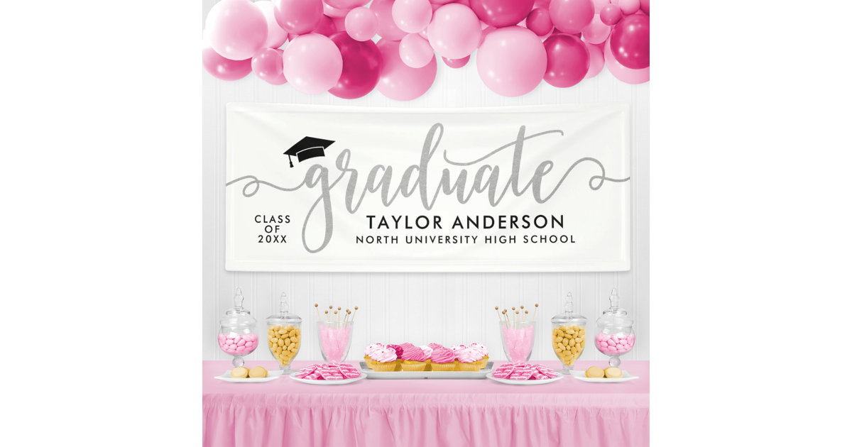 Graduate Modern Silver Script Graduation Party Banner | Zazzle