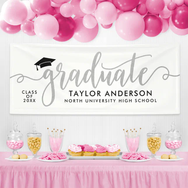 Graduate Modern Silver Script Graduation Party Banner | Zazzle