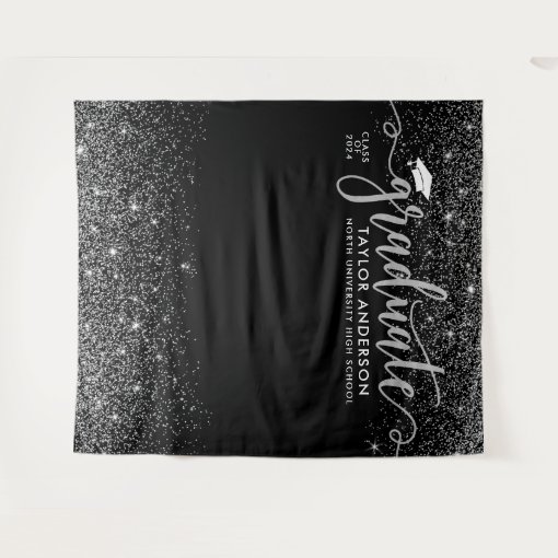 Graduate Modern Silver Script Graduation Party Tapestry | Zazzle