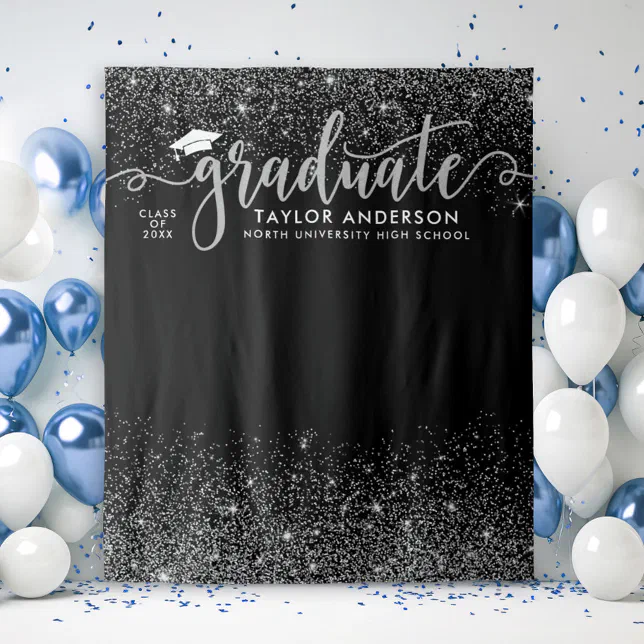 Graduate Modern Silver Script Graduation Party Tapestry | Zazzle