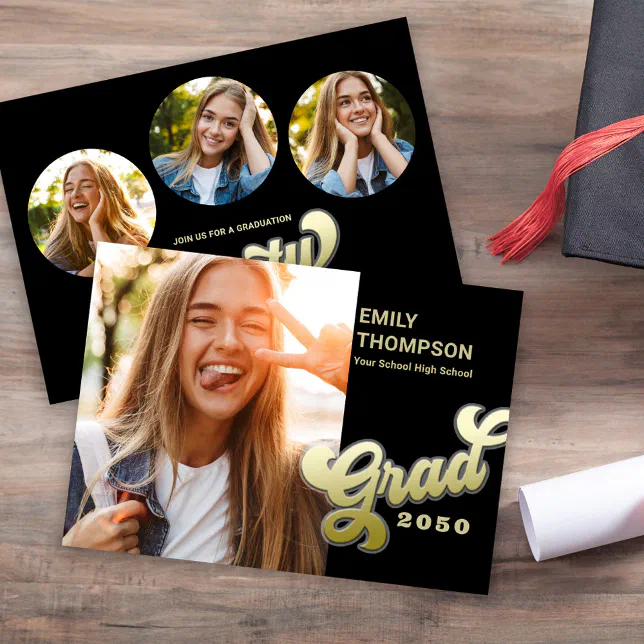 Graduate Modern Stylish Retro Gold Photo Collage Invitation | Zazzle