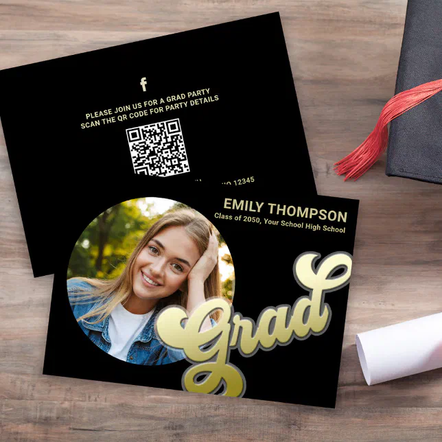 Graduate Modern Stylish Retro Gold Photo QR Code Invitation | Zazzle
