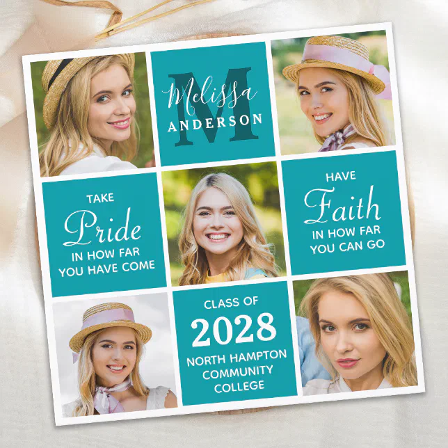 Graduate Monogram 5 Photo Collage Teal Graduation Announcement | Zazzle