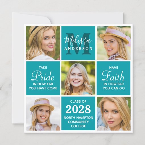 Graduate Monogram 5 Photo Collage Teal Graduation Announcement | Zazzle
