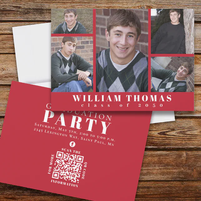 Graduate Multi Photo Collage Cardinal Red QR Code Invitation | Zazzle